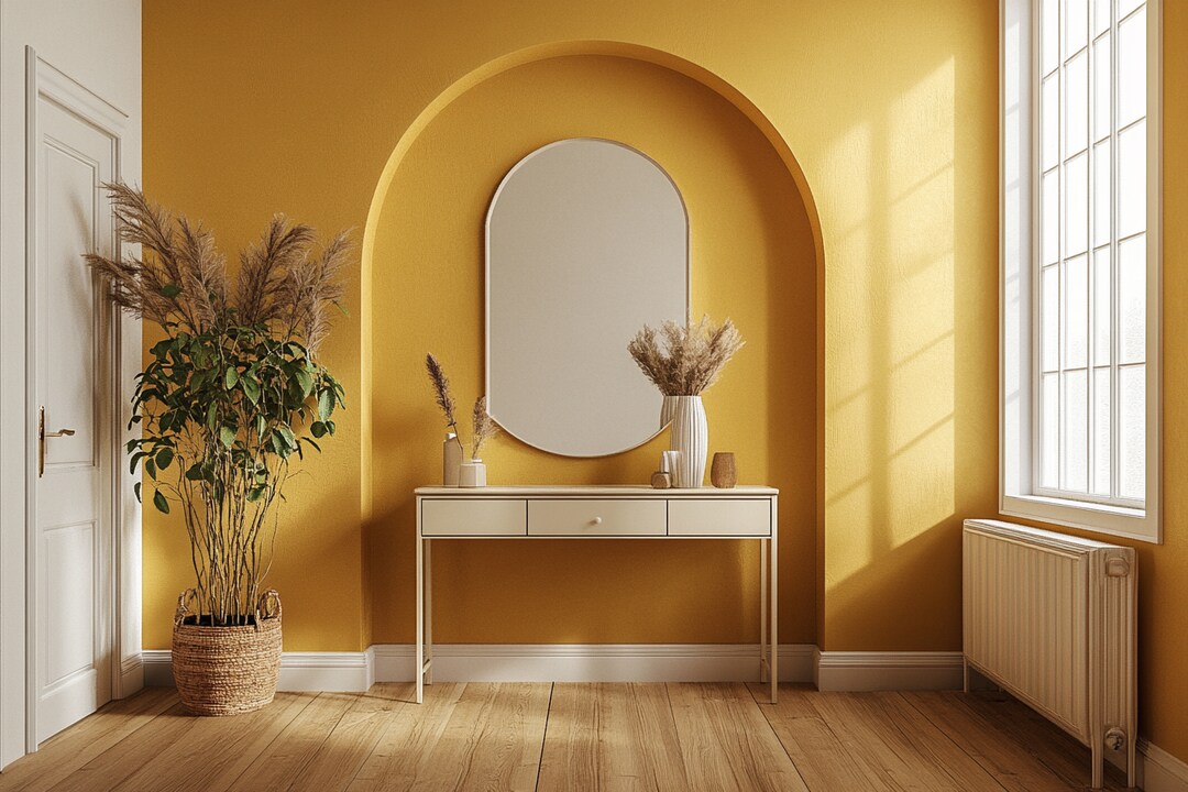 Mustard Yellow Wall Paint Design With Arched Mirror Accent