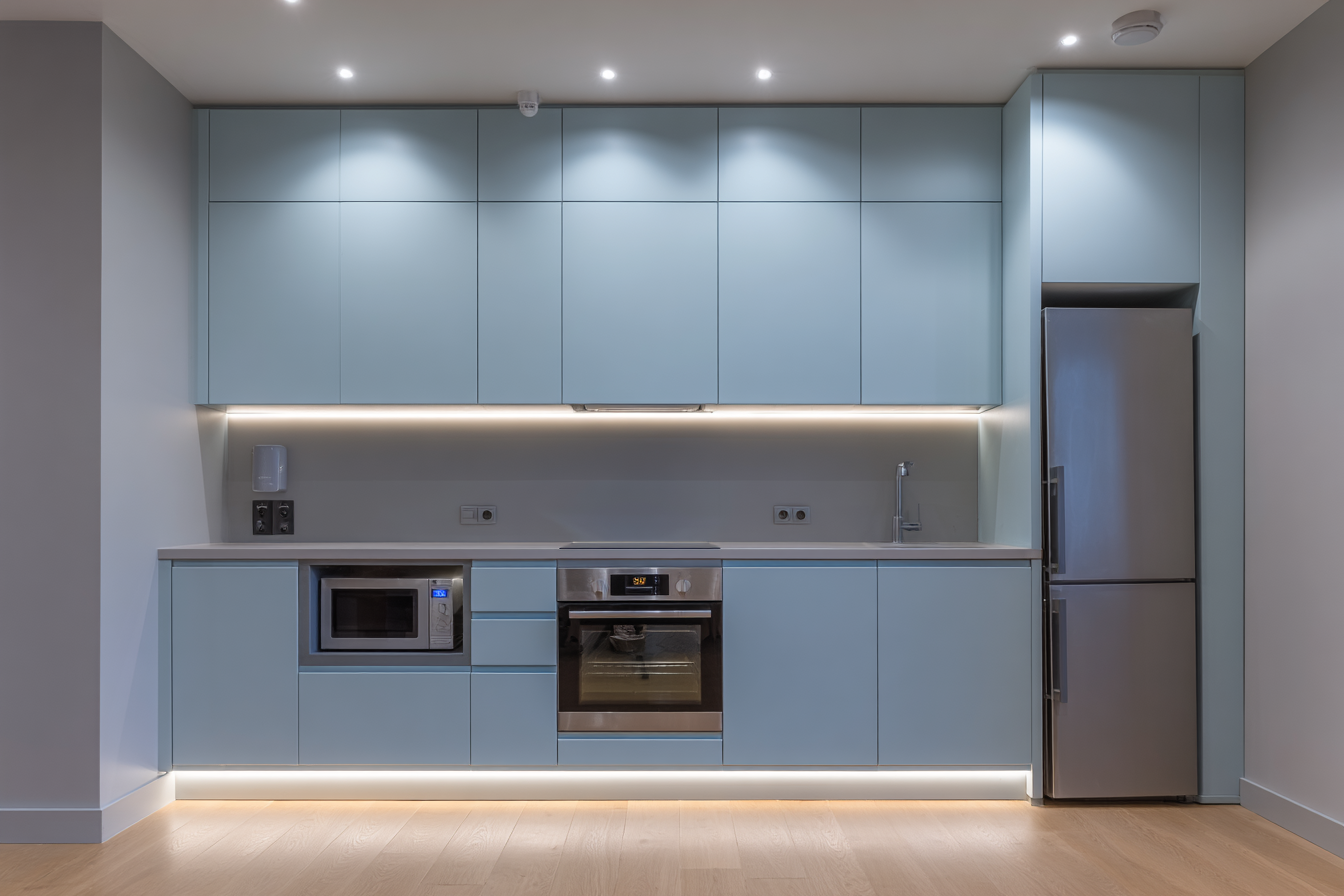 Natural Blue and Grey Wall Colour Combination for Kitchen with Flat ...