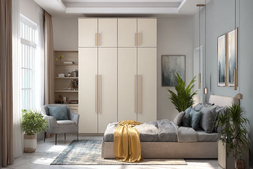 Off-White Modern 4-Door Swing Wardrobe Design with Overhead Cabinets