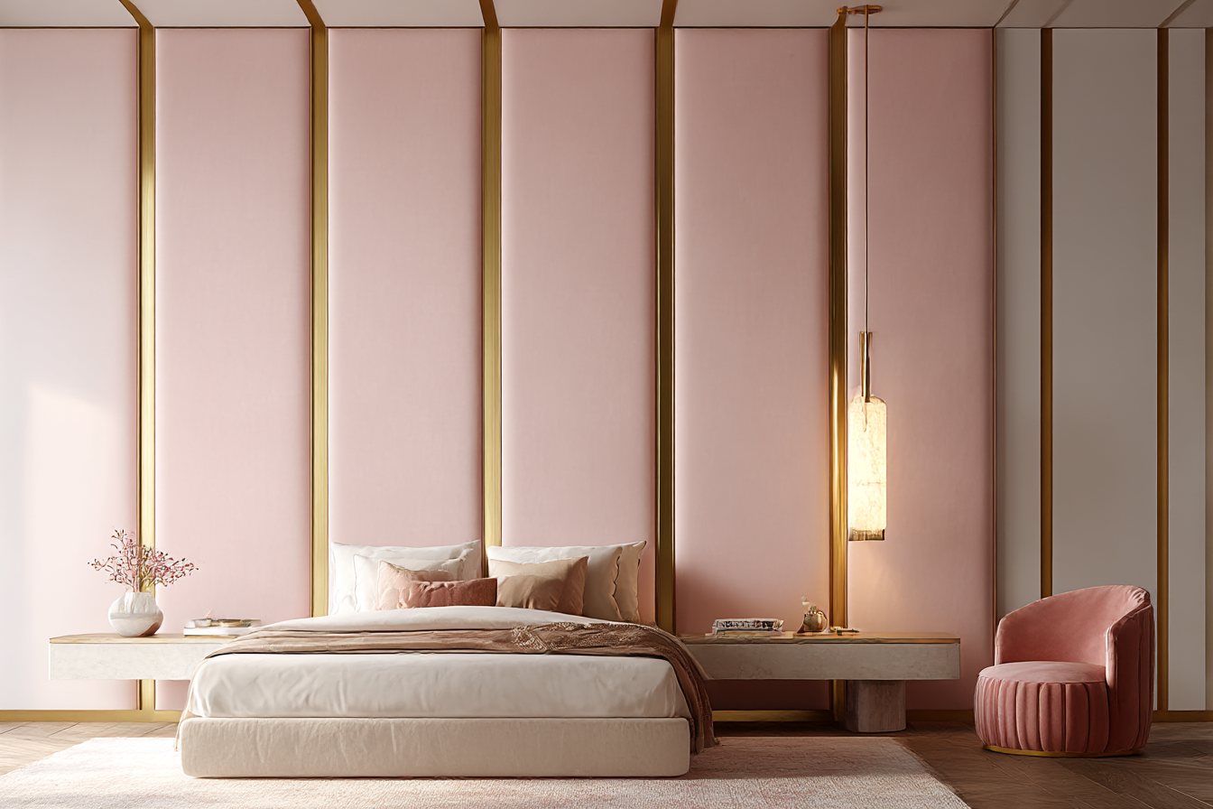 Pink Cushion Contemporary Wall Design with Gold Inlay and T-Patti