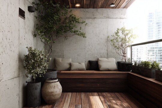 Rustic Balcony Design with Concrete Texture Wall Design