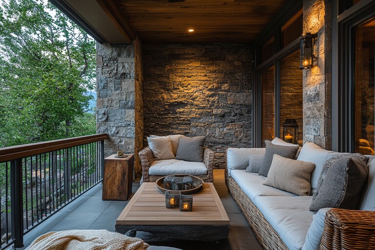 Rustic Balcony Design with Stacked Stone Wall and Warm Wood Accents