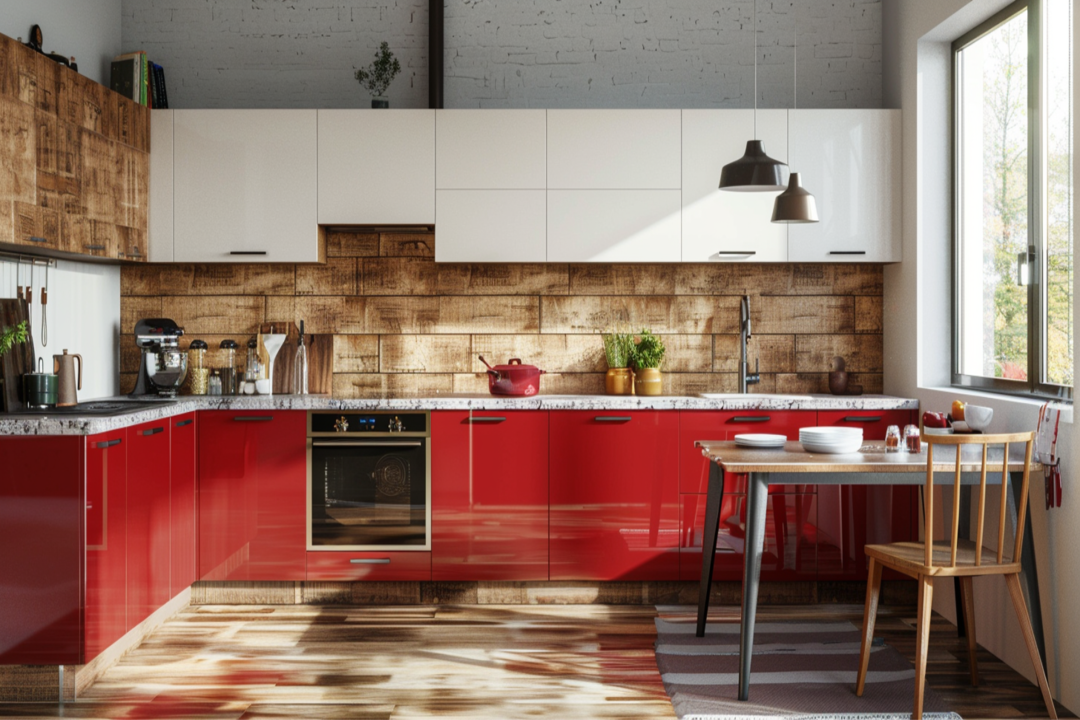 Rustic L-Shaped Kitchen Design With Glossy Red and White Cabinets