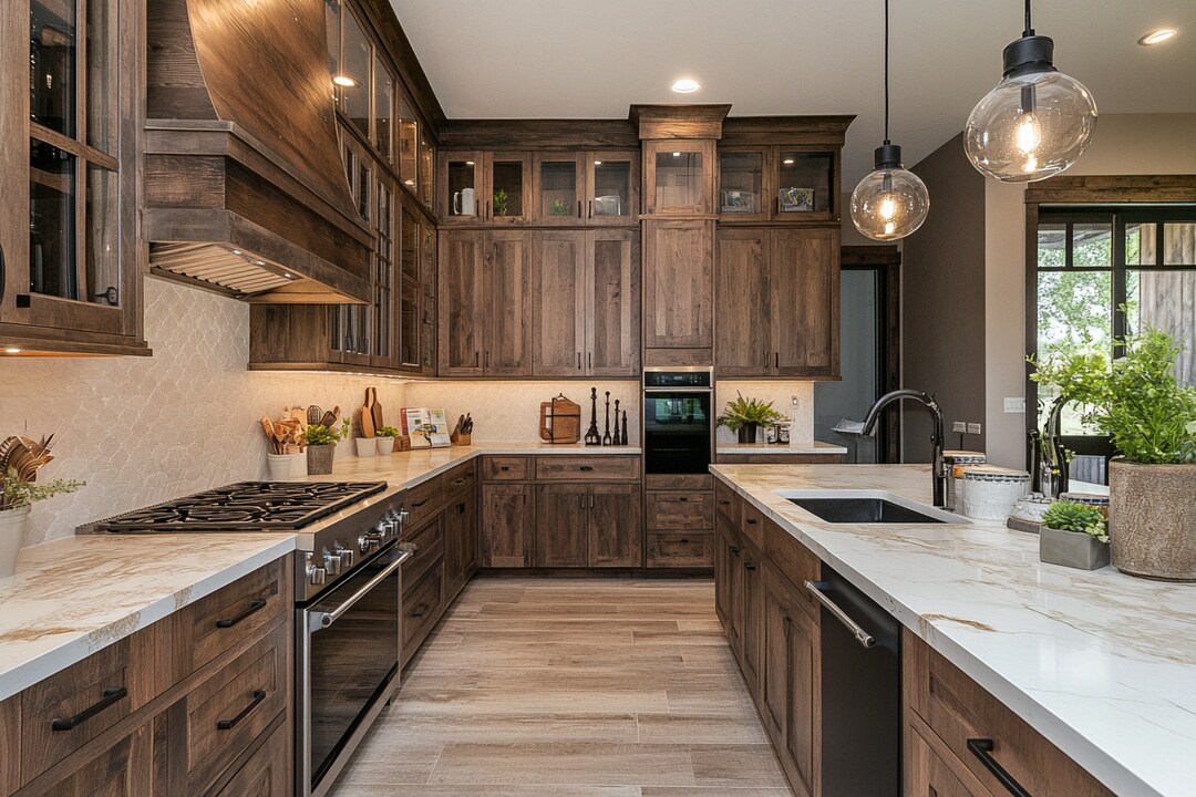 Rustic U-Shaped Kitchen Design in Acacia Exodus with Quartz Counters