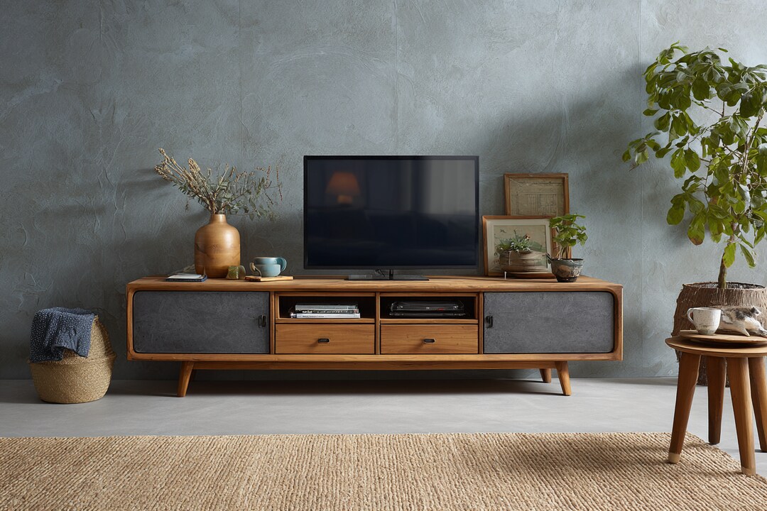 Scandinavian TV Unit Design In Tahiti Samoa Teak With Suede Finish
