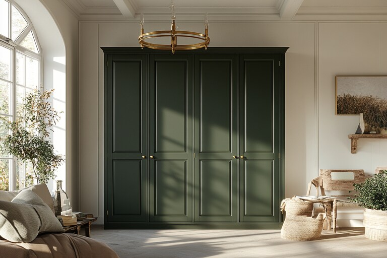 Shaker Style 4-Door Forest Green Swing Wardrobe Design With Matte Finish