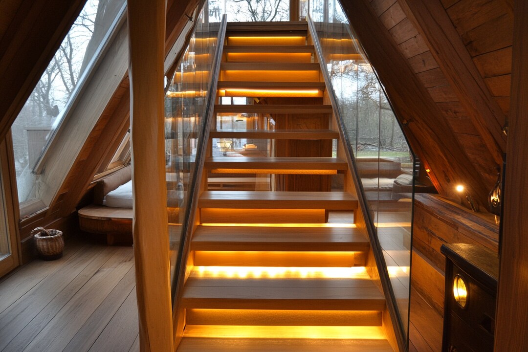 Contemporary Half-Landing Staircase Design of Wood and Glass