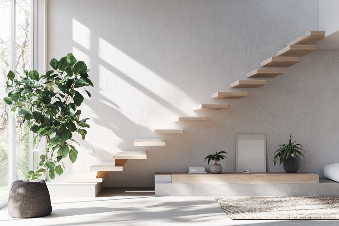 Scandinavian Half Landing Staircase Design in Wood and Concrete