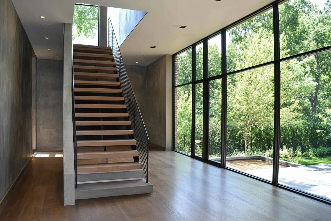 Contemporary Wood, Concrete, and Metal Straight Staircase Design