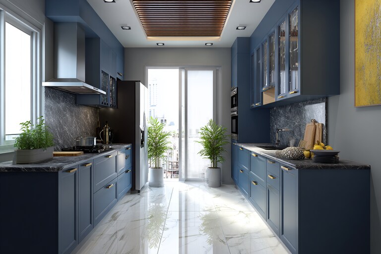 Traditional Parallel Kitchen Design in Denim Suedette With Matte ...