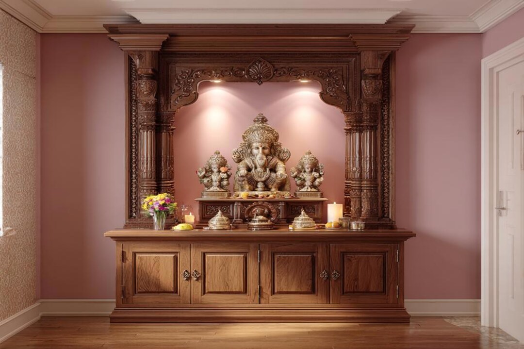Traditional Pooja Design with Rose Pink Backdrop and Wooden Cabinet