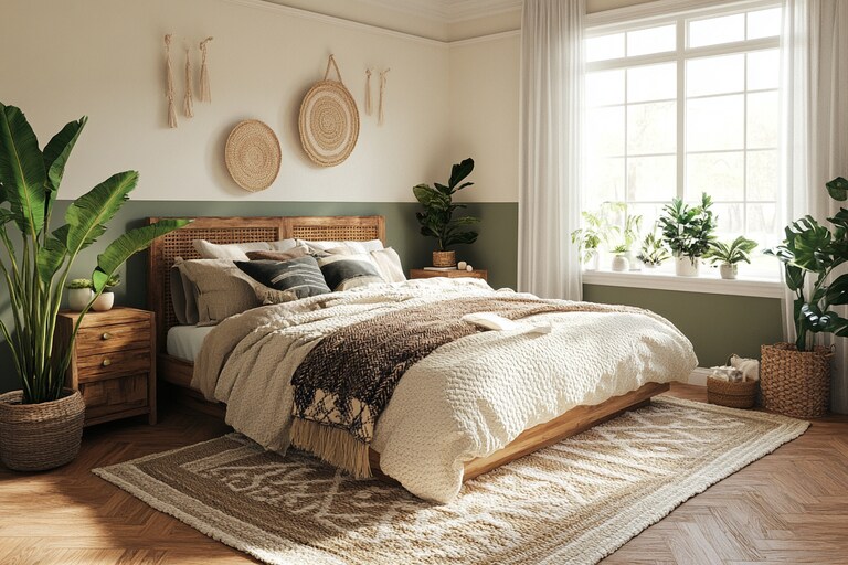 Two-Tone Cream and Sage Green Wall Paint Design with Boho Charm