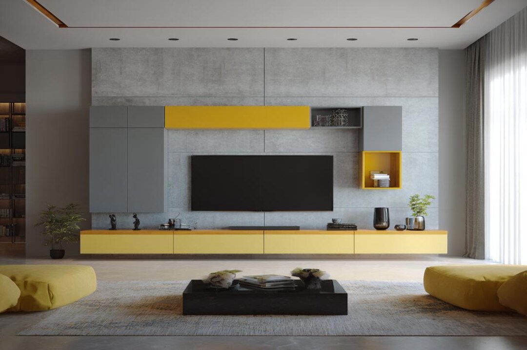 Two Tone Contemporary TV unit design with Floating Shelves and Drawers