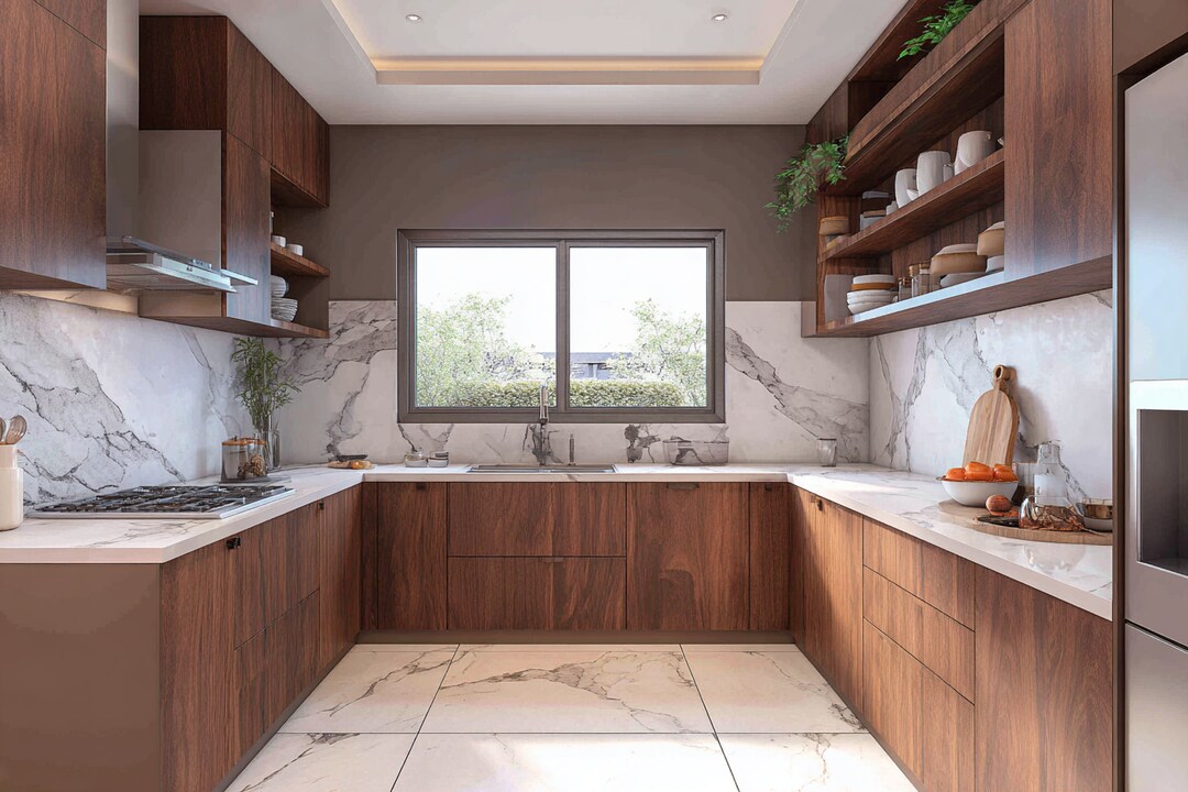 U-Shaped Modern Kitchen Design in Rich Walnut Bronze Finish