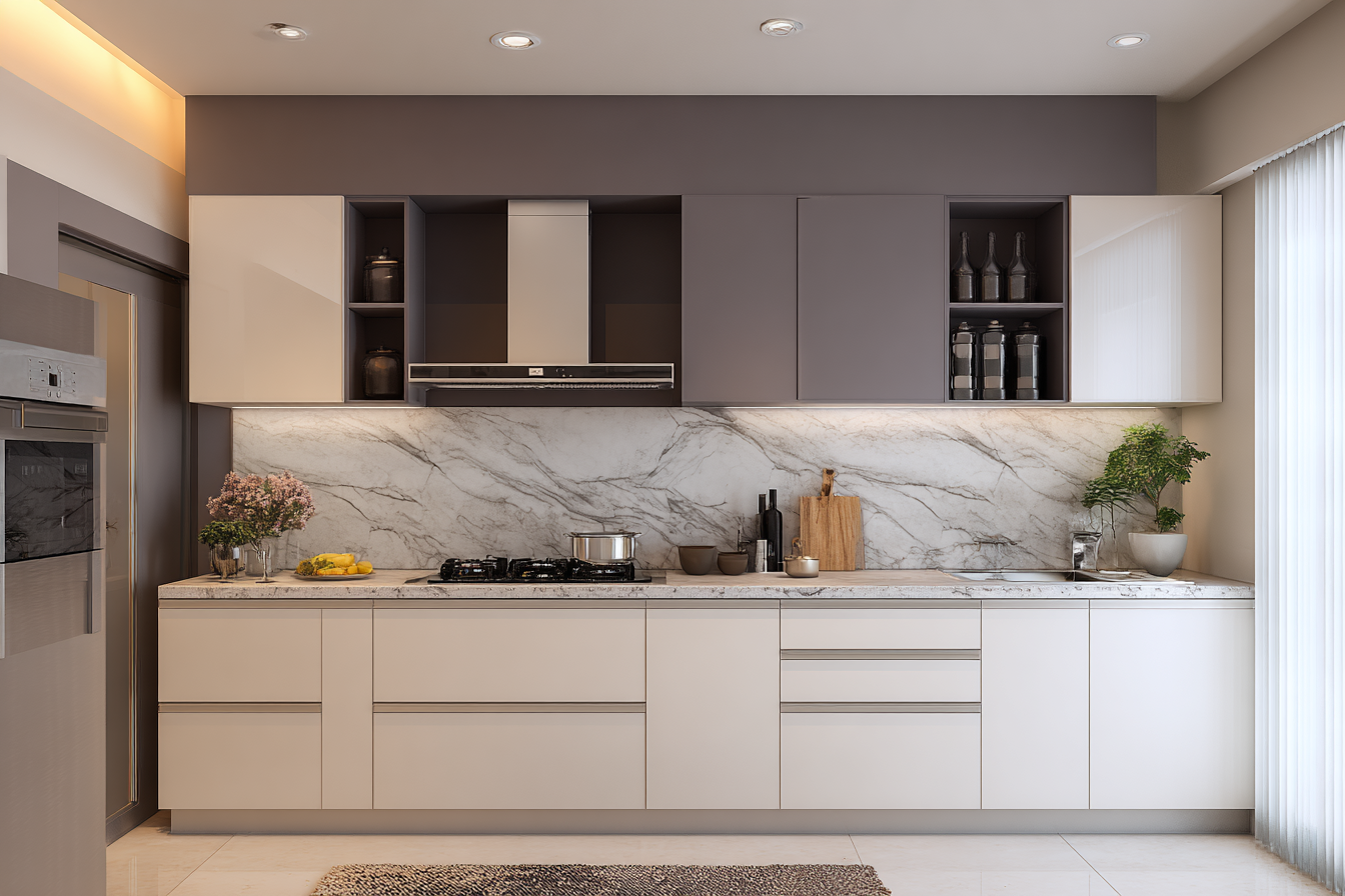 Warm White and Grey Wall Colour Combination for Kitchen with Hidden ...
