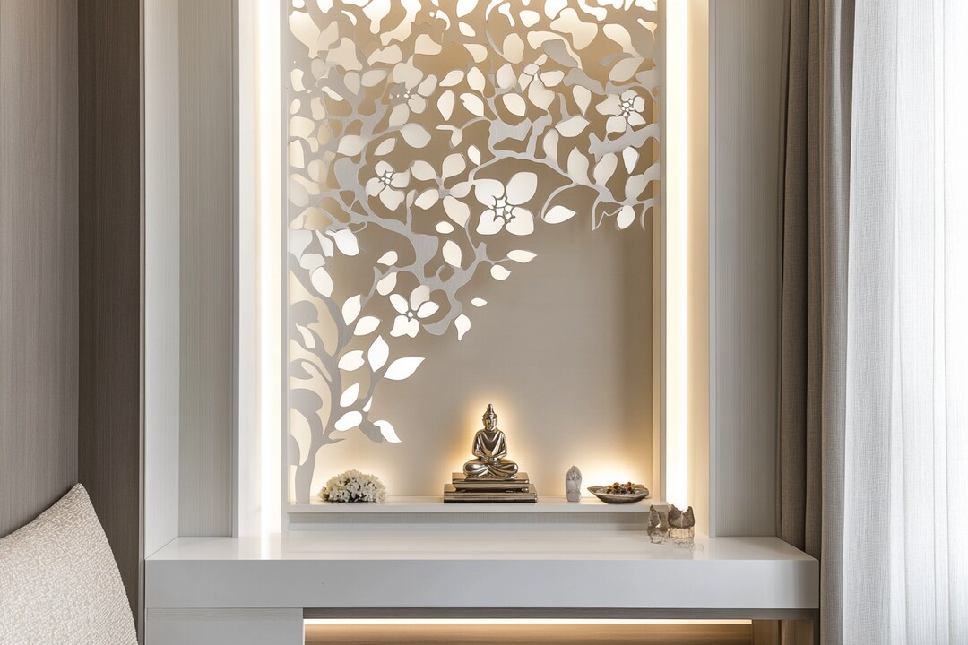 White And Chrome Modern Mandir Design With CNC Cut