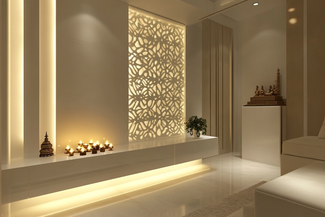 White Contemporary Pooja Unit Design with Warm Lighting
