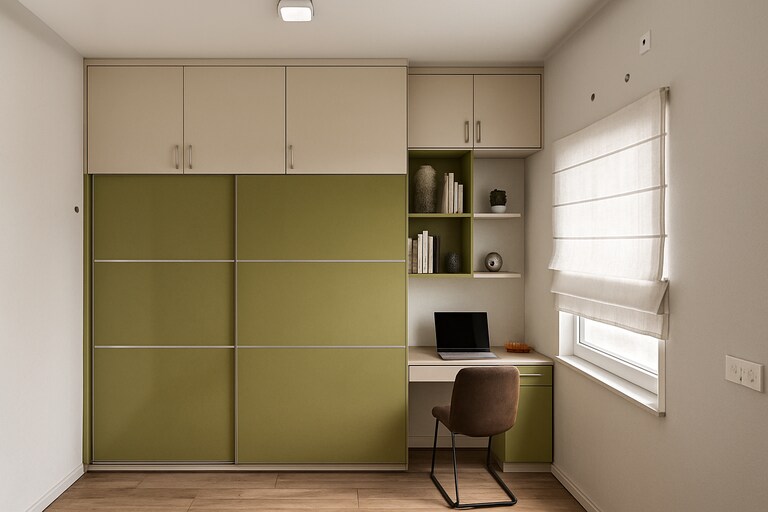 Contemporary Olive Sliding Wardrobe Design with Integrated Study Unit