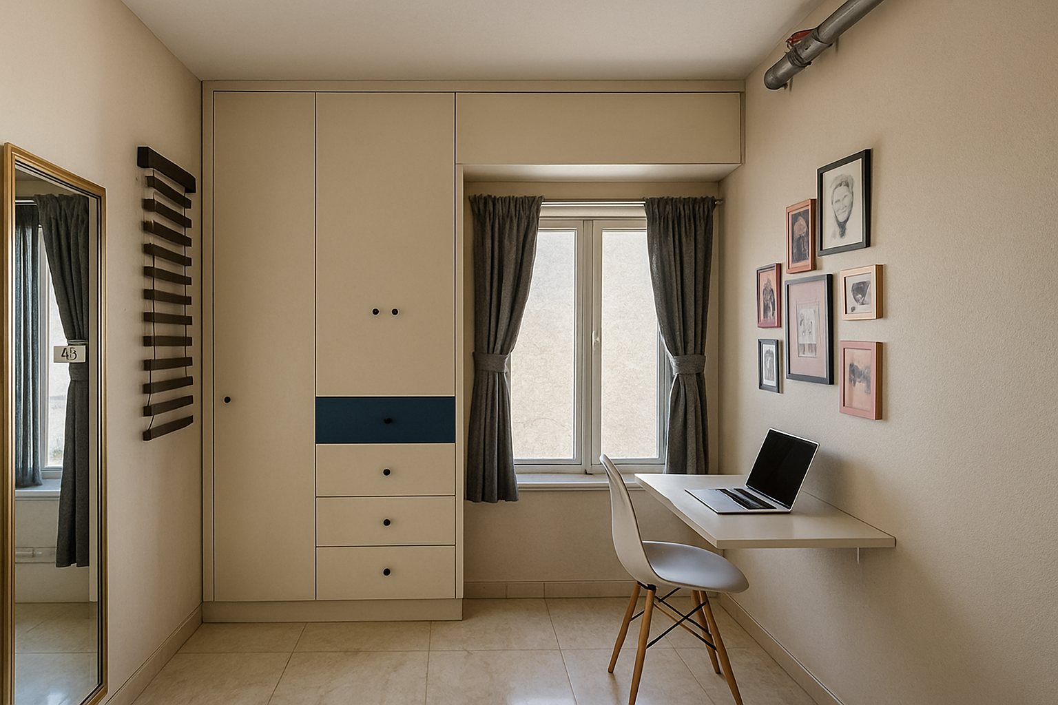 Compact Wardrobe with Builtin Study Desk Design Description